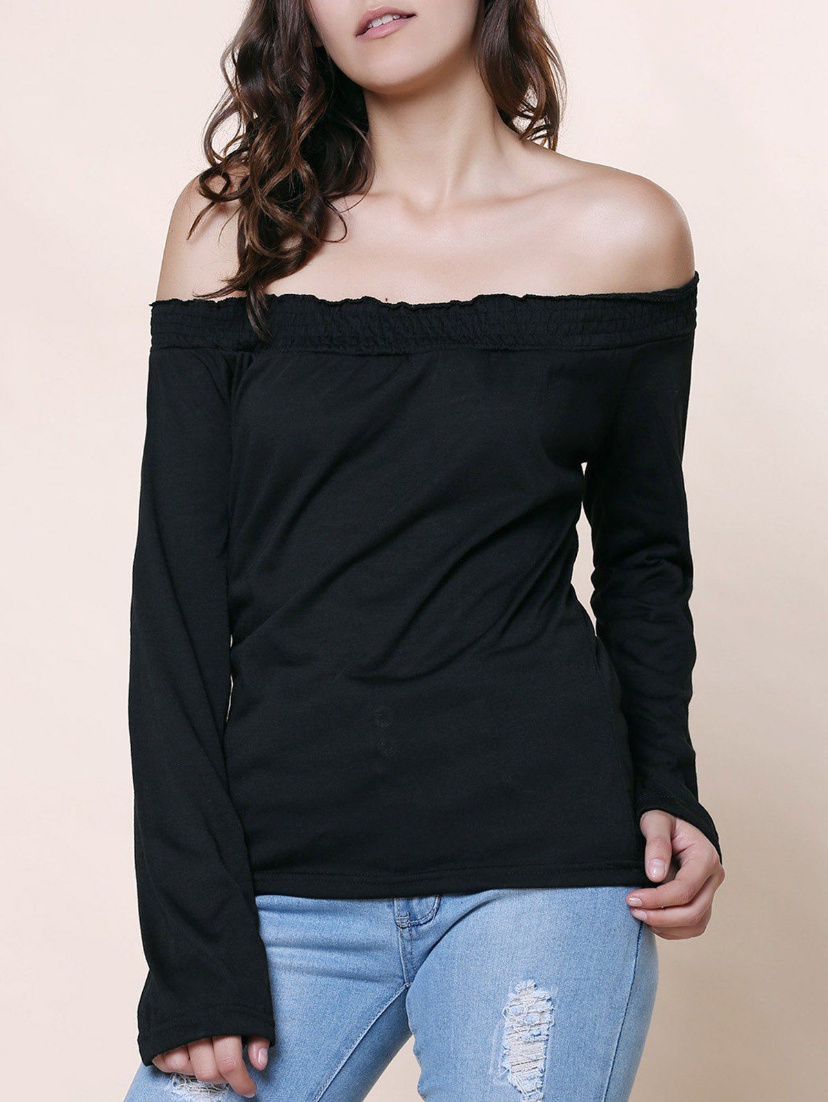 [17% OFF] 2021 Stylish Long Sleeve Slash Collar Off The Shoulder Solid ...