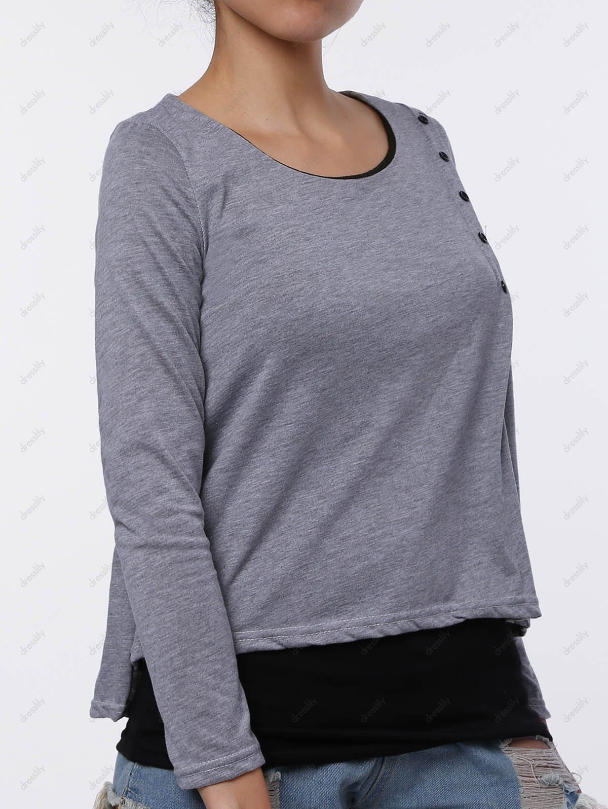 2018 Stylish Faux Twinset Design Scoop Neck Long Sleeve T Shirt For