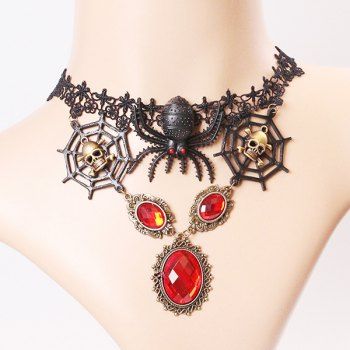 [17% OFF] 2025 Faux Ruby Skull Spider Hollowed Lace Necklace In ...