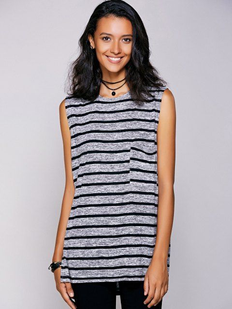 [41% OFF] 2019 Casual Women's Jewel Neck Striped Slit Top In BLACK ...