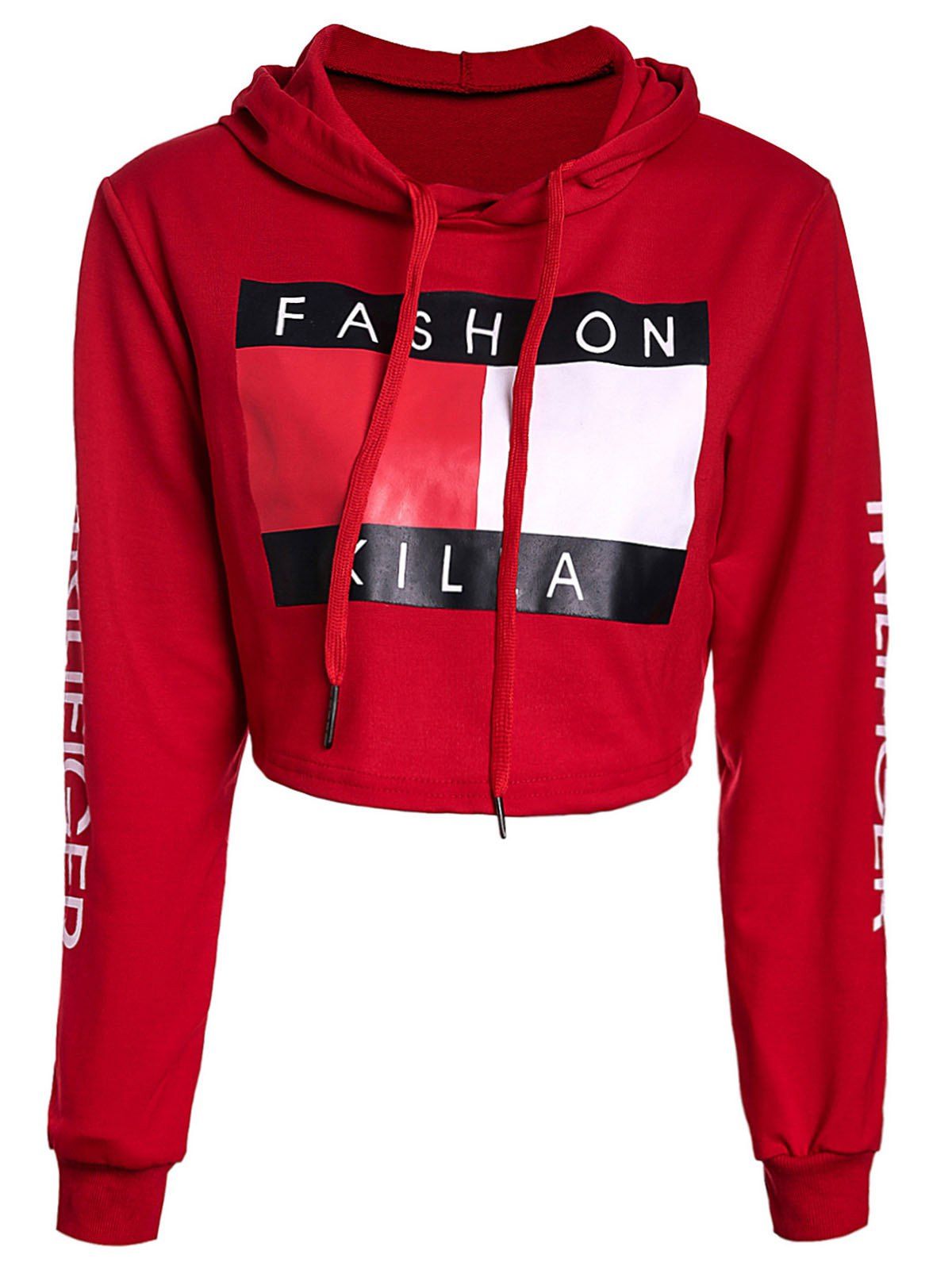 Trendy Color Block Letter Printed Long Sleeve Cropped Hoodie For Women