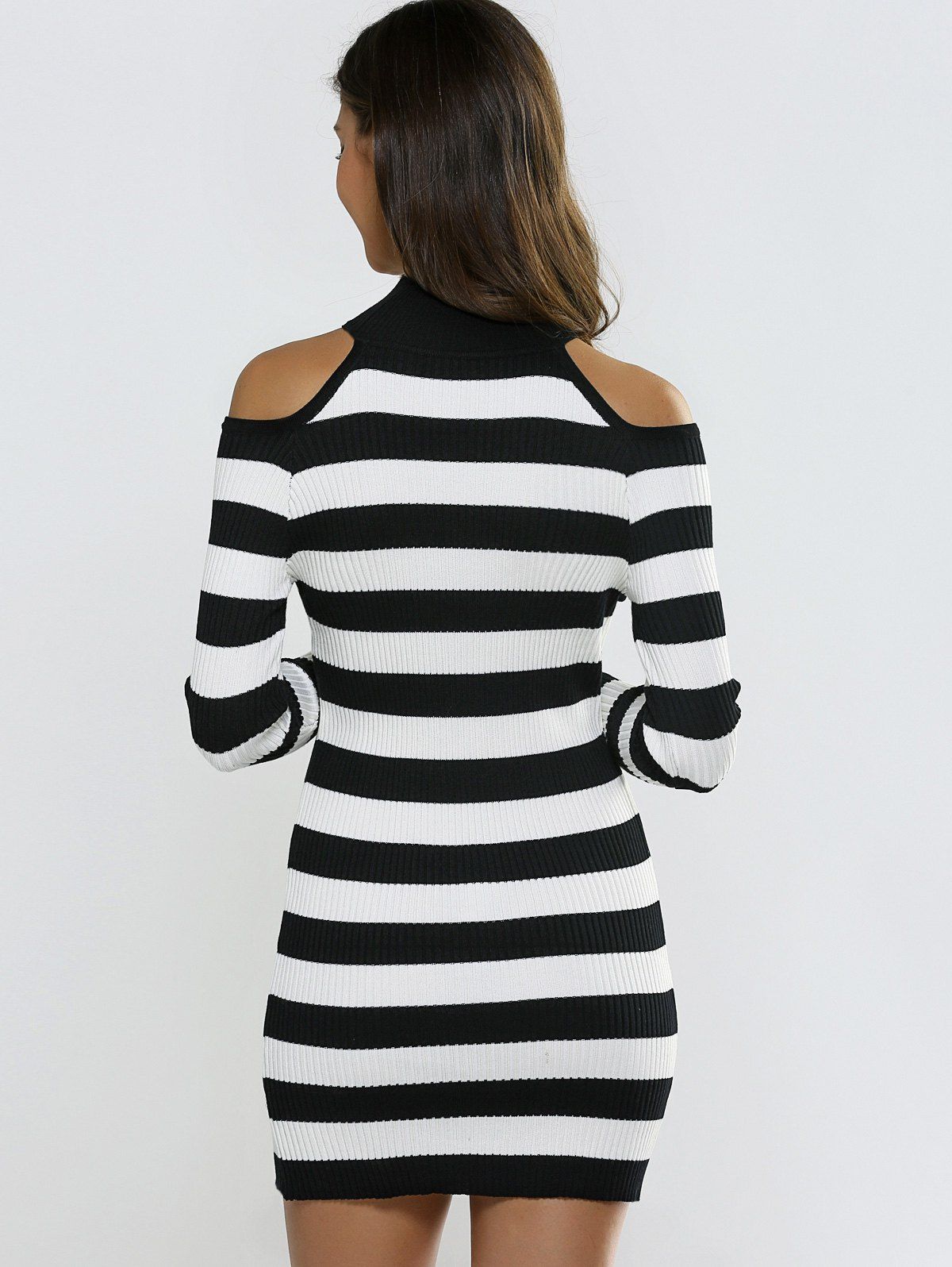 2018 Keyhole Open Shoulder Slit Stripe Sweater Dress BLACK ONE SIZE In ...