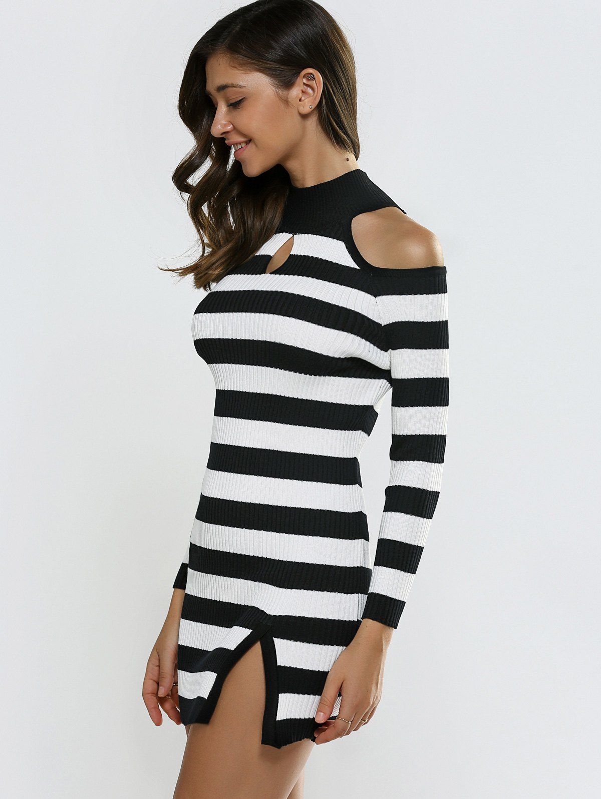 2018 Keyhole Open Shoulder Slit Stripe Sweater Dress BLACK ONE SIZE In ...