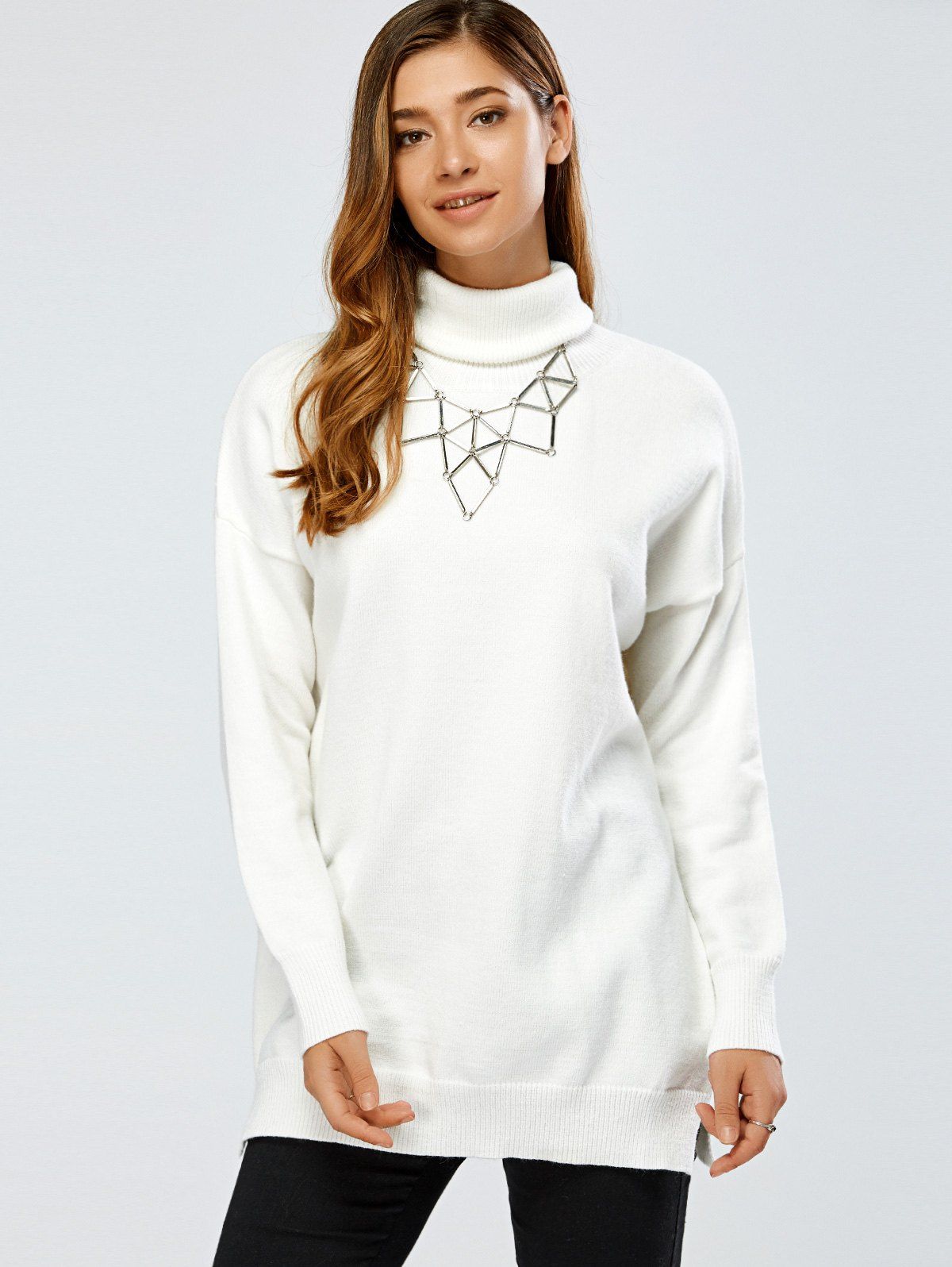 [41% OFF] 2021 Drop Shoulder Turtleneck Pullover Long Sweater In WHITE ...