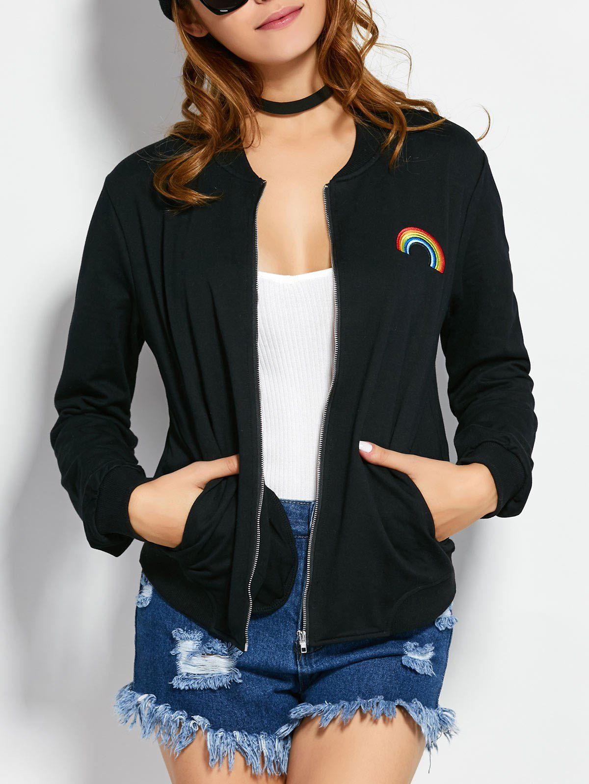 [41% OFF] 2021 Rainbow Pattern Bomber Jacket In BLACK | DressLily