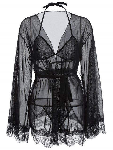 [17% OFF] 2019 Sheer Mesh With Eyelash Lace Robe Set In BLACK | DressLily