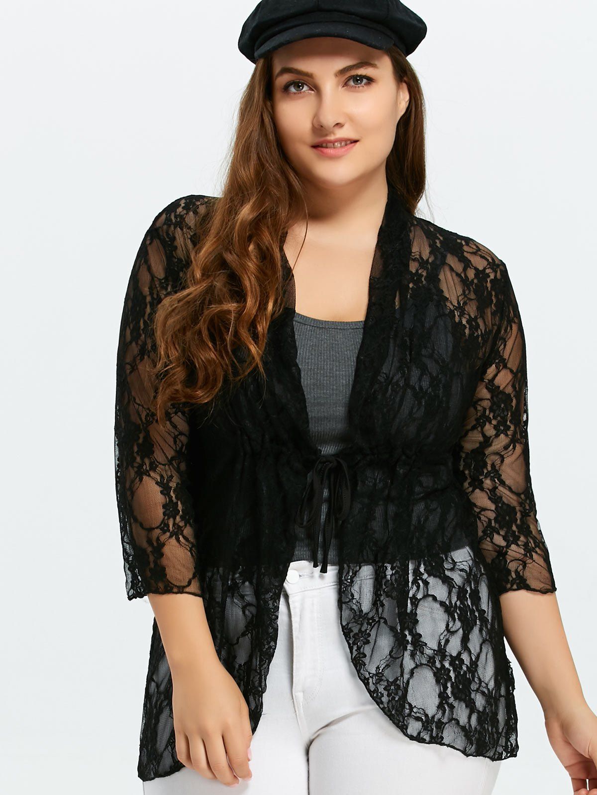  41 OFF 2020 Plus Size Drawstring Asymmetric Lace Jacket In BLACK