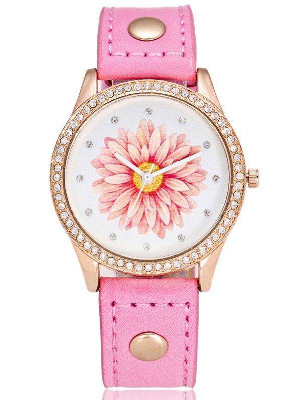 [41% OFF] 2021 PU Leather Watchband Flower Rhinestone Watch In PINK ...