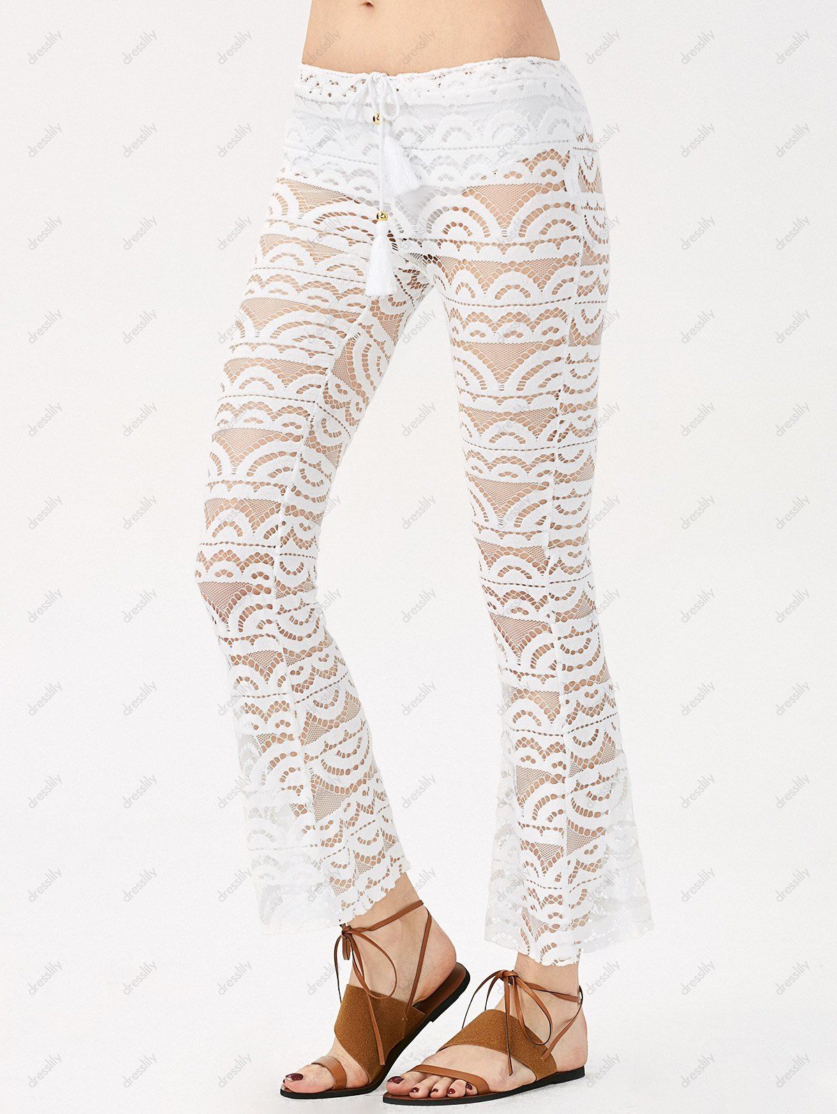 2018 Sexy See-Through Solid Color Women's Lace Pants WHITE S In Bikini ...