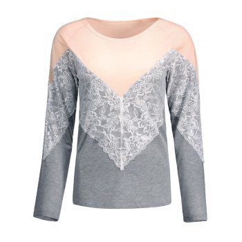[41% OFF] 2024 Lace Trim Color Block Manches Longues Tee En Multicolore ...