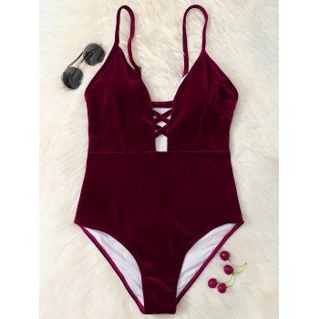[17% OFF] 2025 Velvet Lace Up One Piece Swimsuit In WINE RED | DressLily