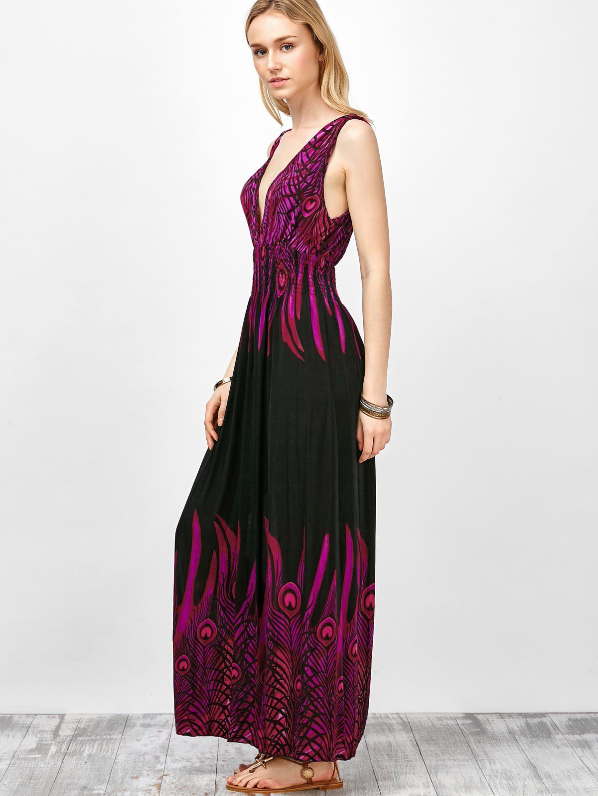2018 Empire Waist Plunging Neck Peacock Feather Print Dress Black One
