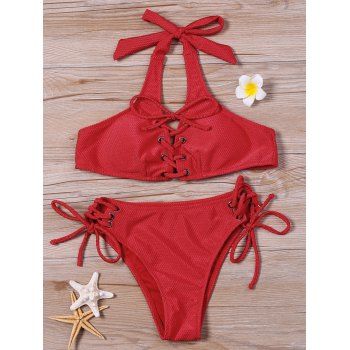 [17% OFF] 2025 Lace Up Halter Neck Bikini Set In RED | DressLily