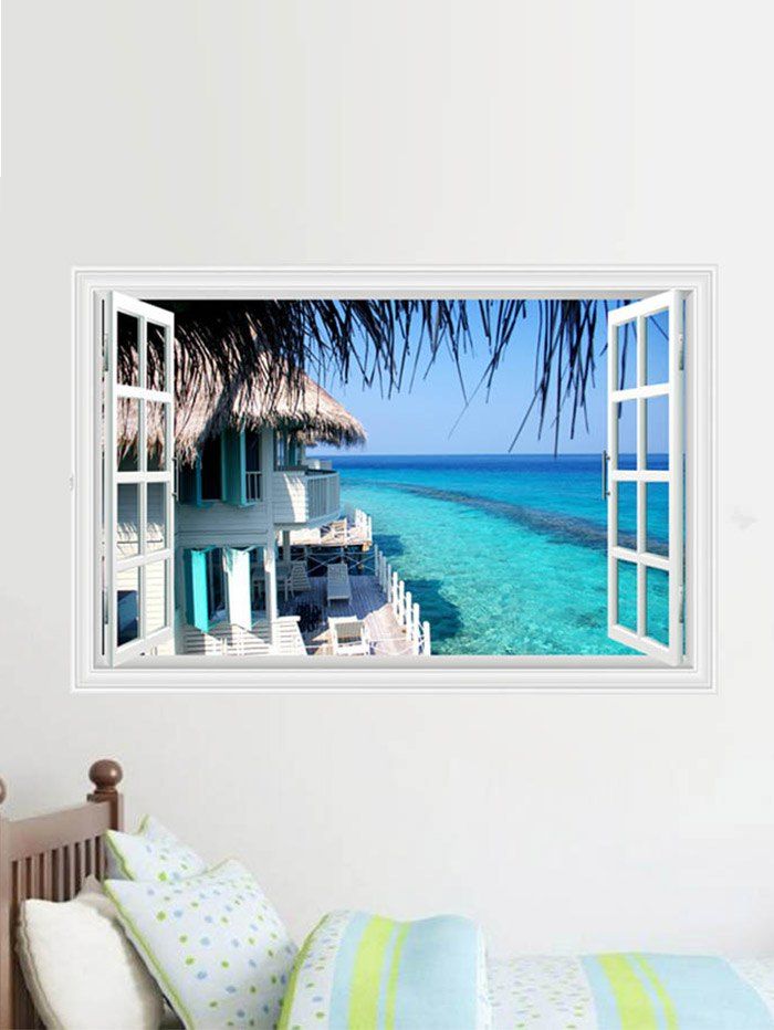 2018 Vinyl 3D Seascape Faux Window Wall Sticker BLUE CM In Wall ...