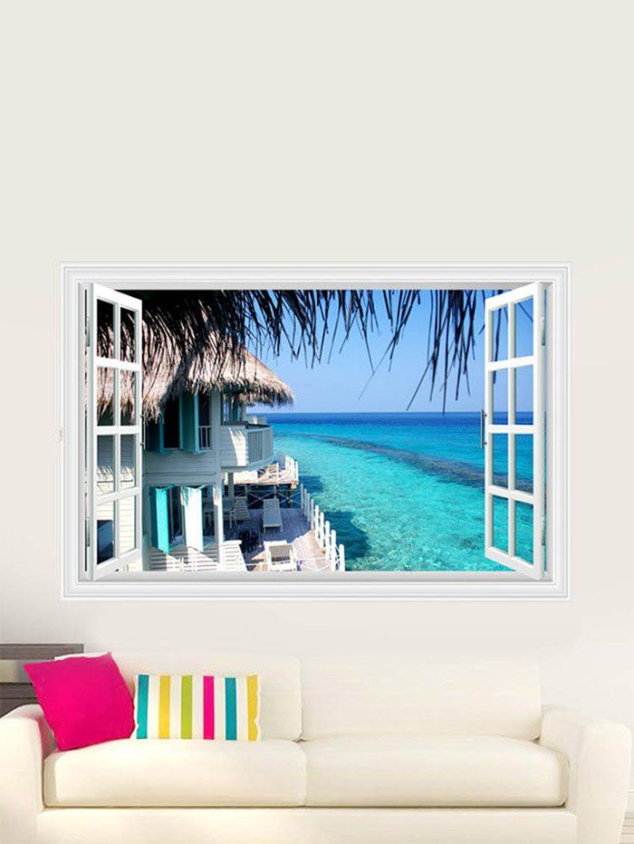 2018 Vinyl 3D Seascape Faux Window Wall Sticker BLUE CM In Wall ...
