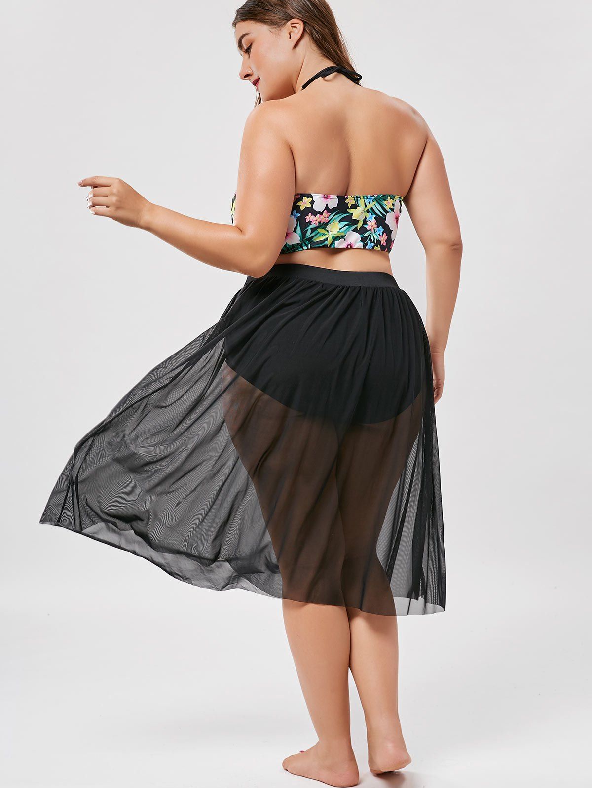 [73 Off] 2021 Floral Plus Size Mesh Skirted Swimwear In Black Dresslily