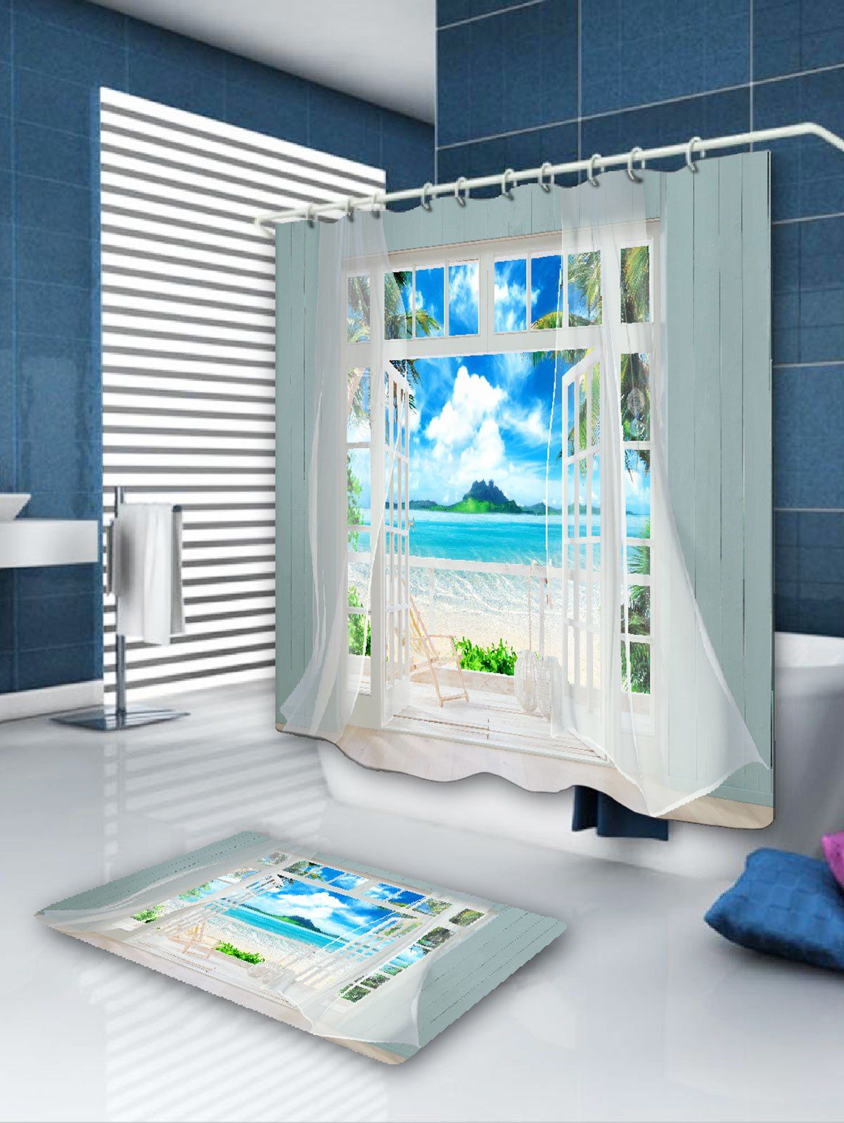 2018 Waterproof 3d Window Frame Printed Shower Curtain Blue W Inch L