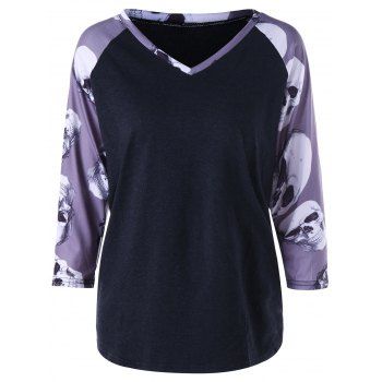 [17% OFF] 2025 Skull Raglan Sleeve V Neck T-shirt In BLACK | DressLily