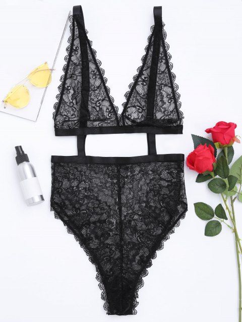 17 Off 2019 Cut Out See Through Lace Teddy In Black Dresslily