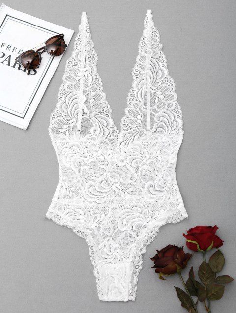 [LIMITED OFFER] 2019 Lace Plunge Neck Backless Teddy In WHITE S ...