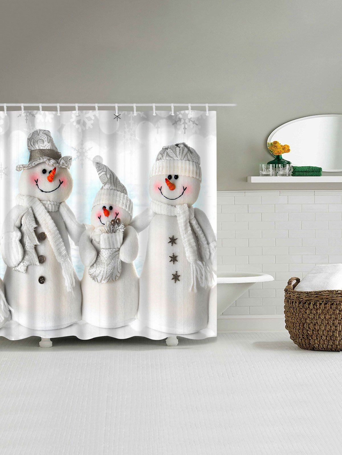2018 Waterproof Polyester Snowman Christmas Shower Curtain Grey White W