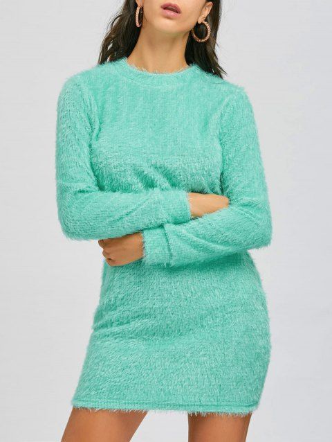 [17% OFF] 2019 Short Fuzzy Sweater Dress In GREEN | DressLily