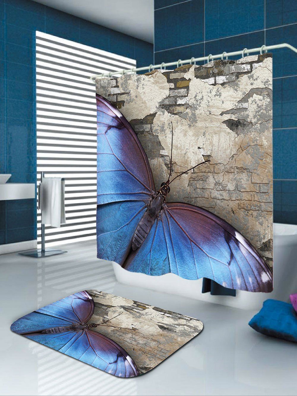 2018 Butterfly And Broken Wall Printed Waterproof Shower Curtain Gray W