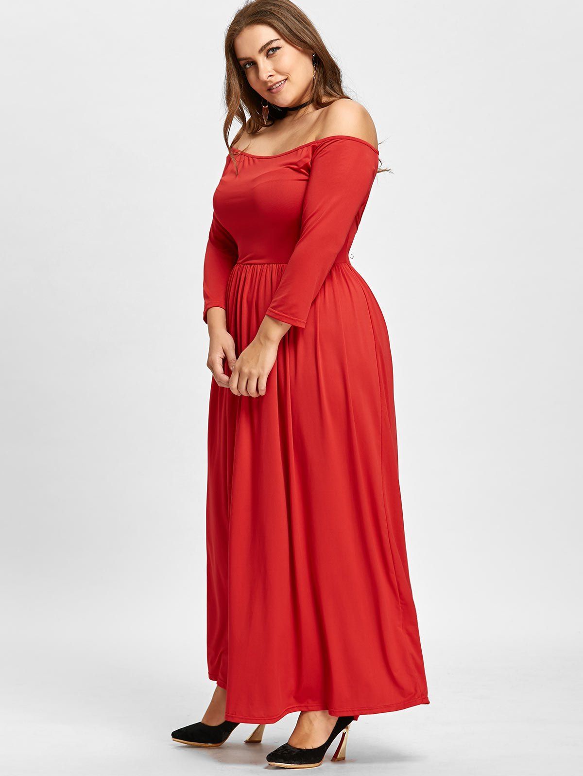 2018 Off The Shoulder Empire Waist Plus Size Maxi Formal Dress Red Xl