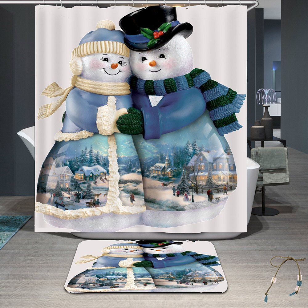 2018 Snowman Couples Pattern Waterproof Shower Curtain Colorful W Inch