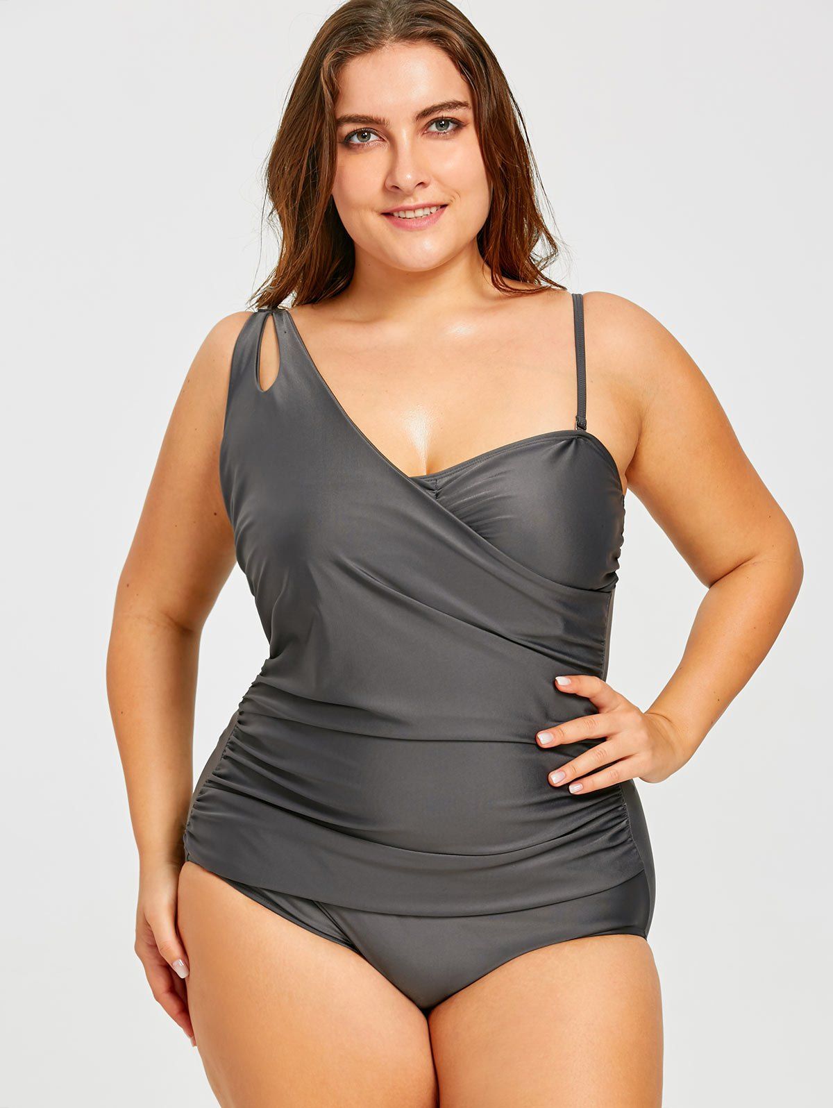 2018 Asymmetric Plus Size Ruched One Piece Swimwear Gray Xl In Plus