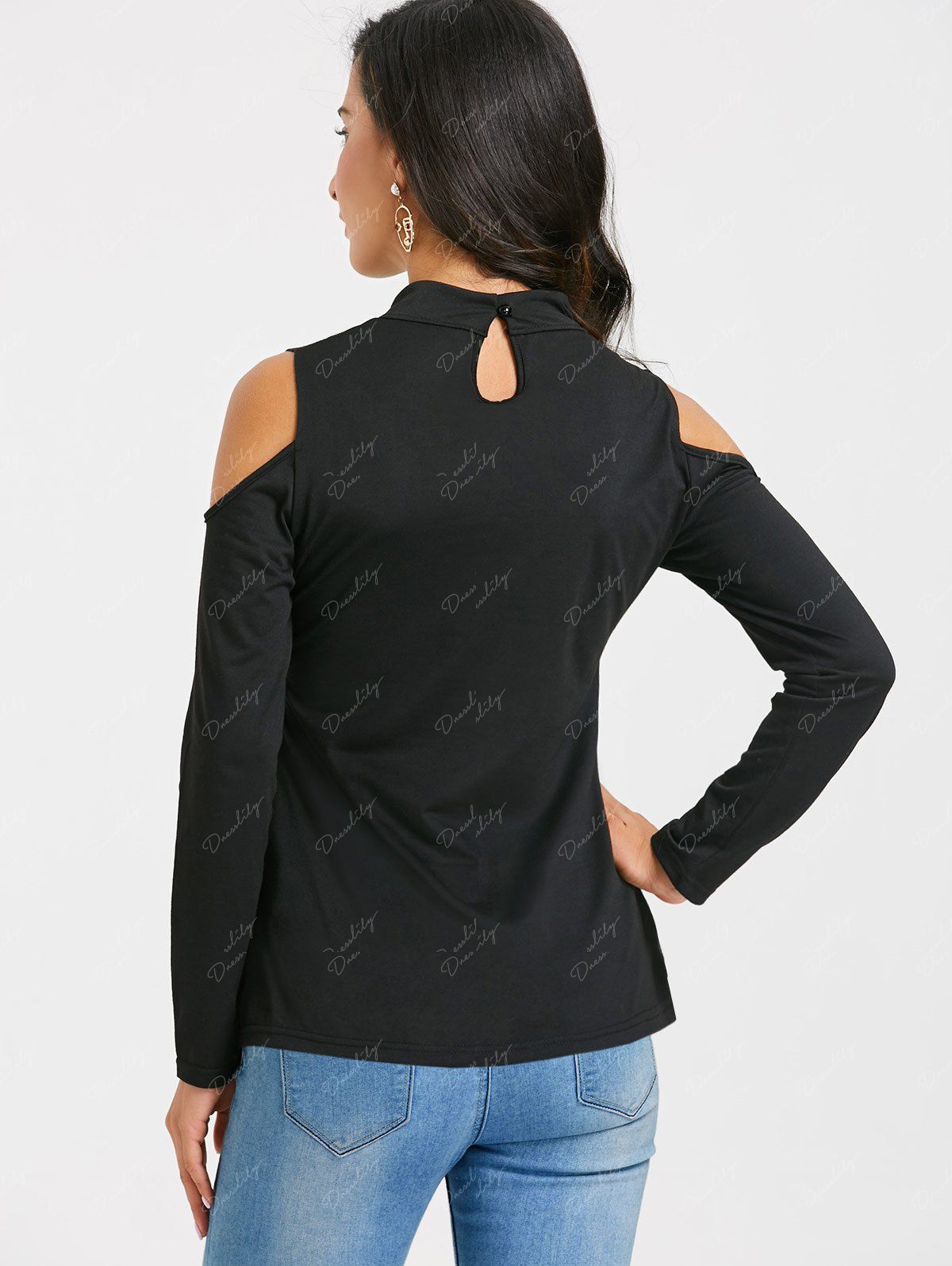 2018 Cold Shoulder Long Sleeve Cut Out T-shirt BLACK XL In Long Sleeves ...