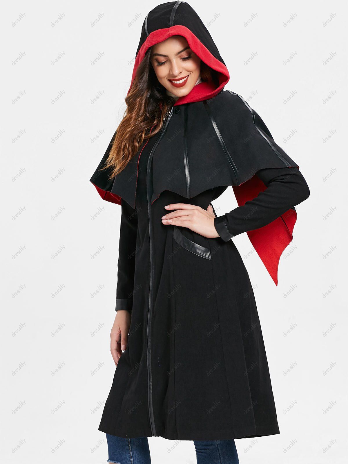 [66% OFF] 2020 Halloween Duster Zipper Coat With Cape In BLACK | DressLily