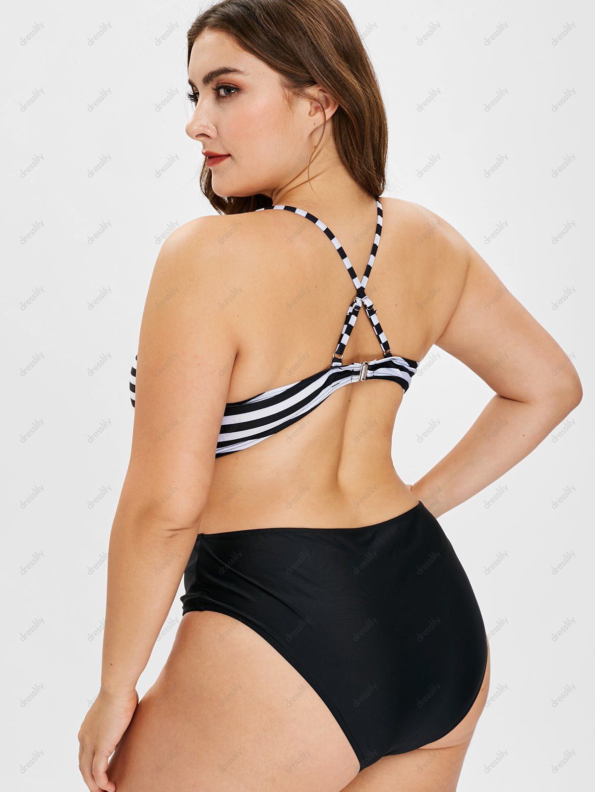 [23 Off] 2021 Plus Size Criss Cross Striped Swimsuit In Black Dresslily