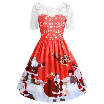 [34% OFF] 2025 Vintage Christmas Santa Claus Print Lace Insert Dress In ...
