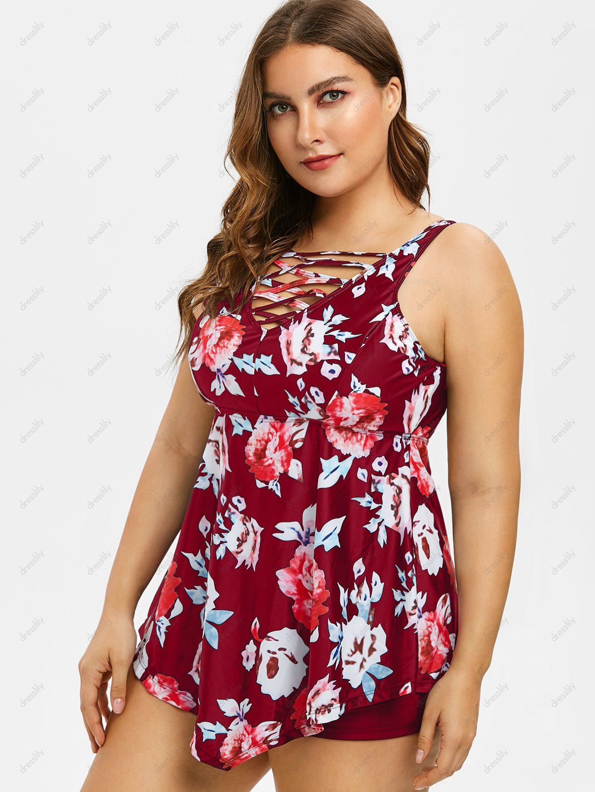 [38 Off] 2021 Plus Size Floral Print Criss Cross Peplum Tankini Set In