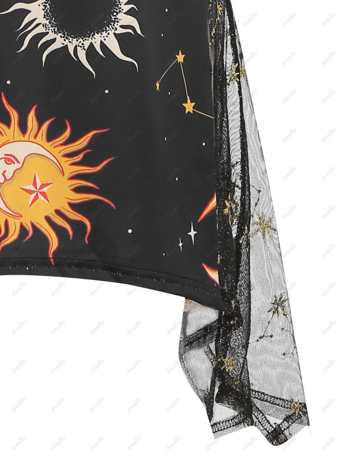 [29 Off] 2021 Sun Moon Star Print Mesh Insert Asymmetrical Tank Top In