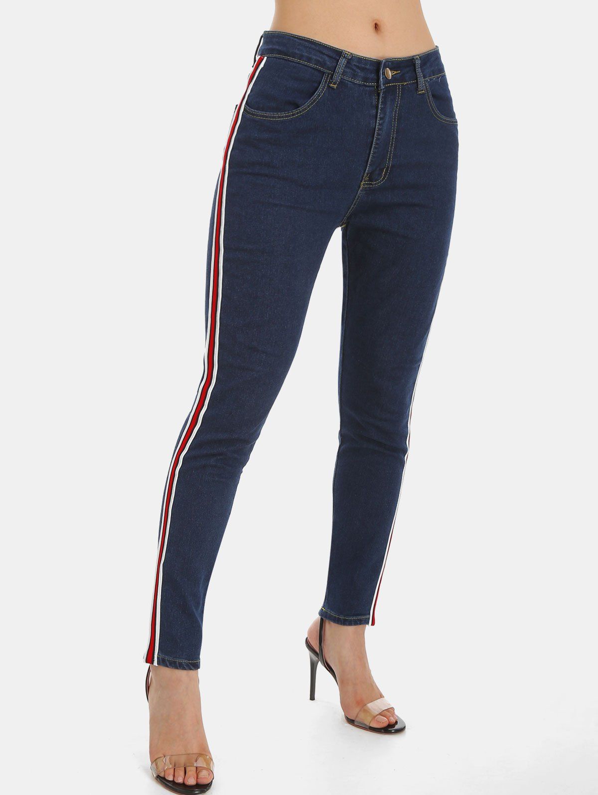 [39% OFF] 2020 Striped Side Zipper Fly Pocket Jeans In DENIM DARK BLUE ...