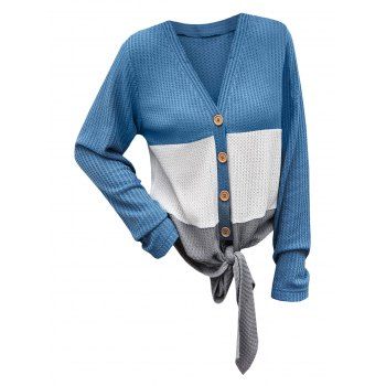 [34% OFF] 2025 Tie Button Up Color Block Cardigan In SILK BLUE | DressLily