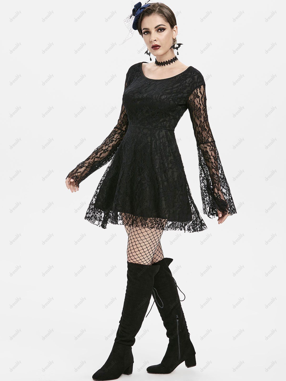 [38% OFF] 2020 Gothic Bell Sleeve Lace Dress In BLACK | DressLily