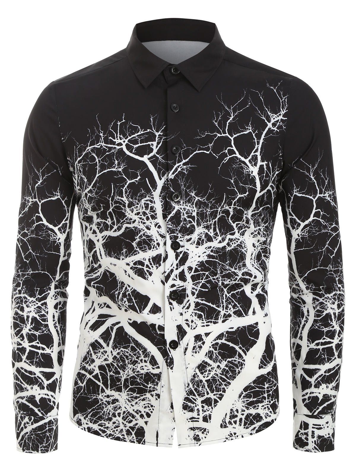 [35% OFF] 2019 Tree Root Print Button Up Long Sleeve Shirt In BLACK ...