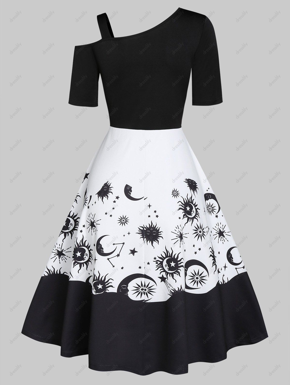 [28% OFF] 2020 Sun Moon Print Contrast Color Open Shoulder Mini Dress ...