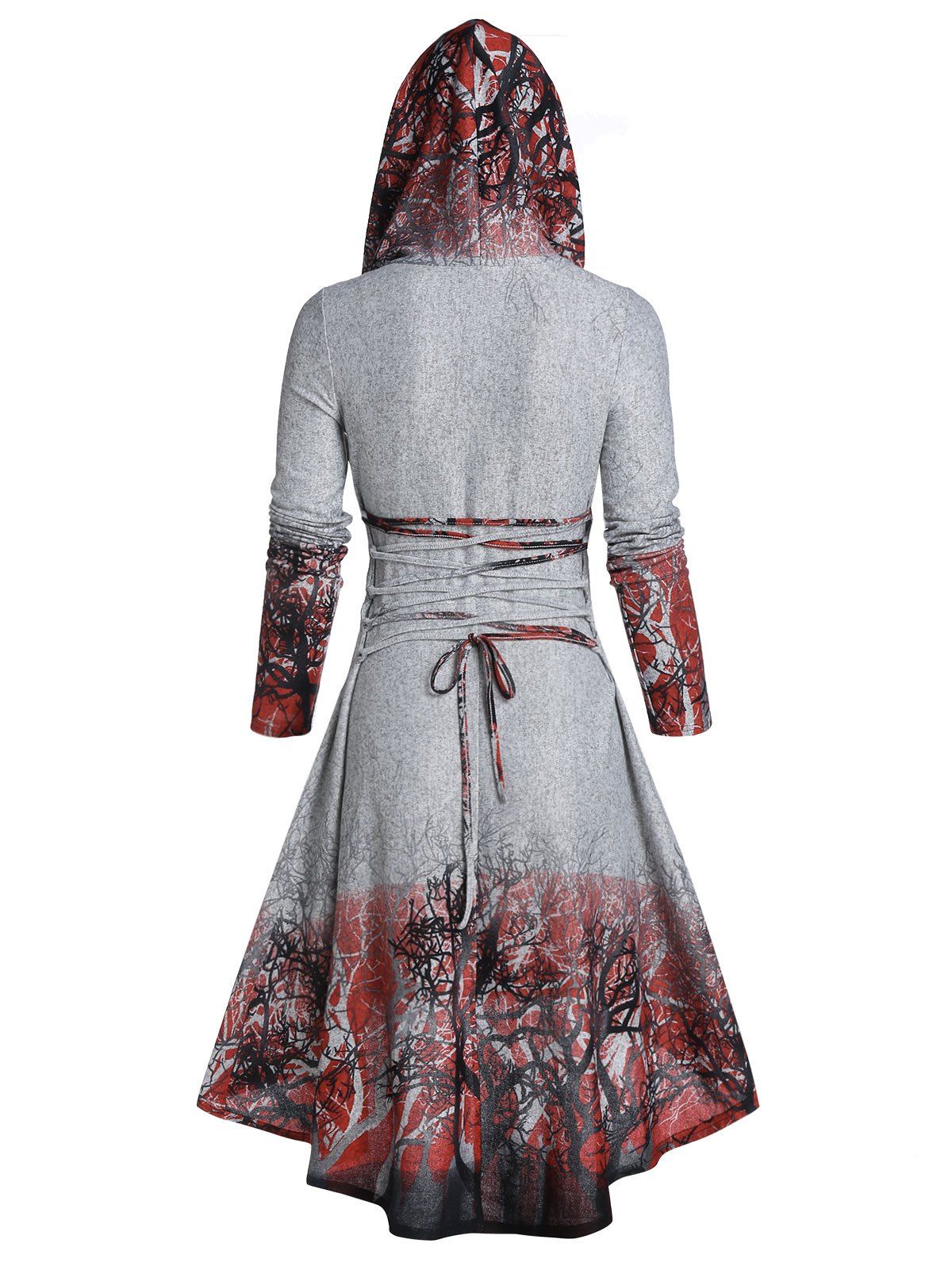 [35% OFF] 2020 Hooded Tree Root Print Lace-up High Low Dress In GRAY ...