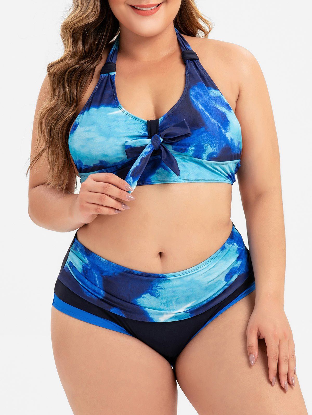  24 OFF 2022 Halter Tie Dye Ruched Plus Size Bikini Swimsuit In BLUE