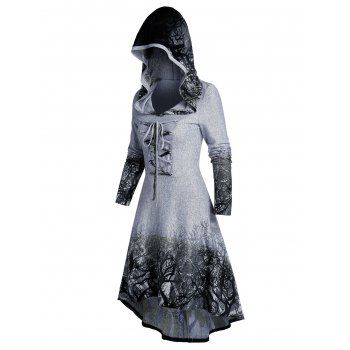 [35% OFF] 2025 Hooded Tree Root Print Lace-up High Low Dress In BLACK ...