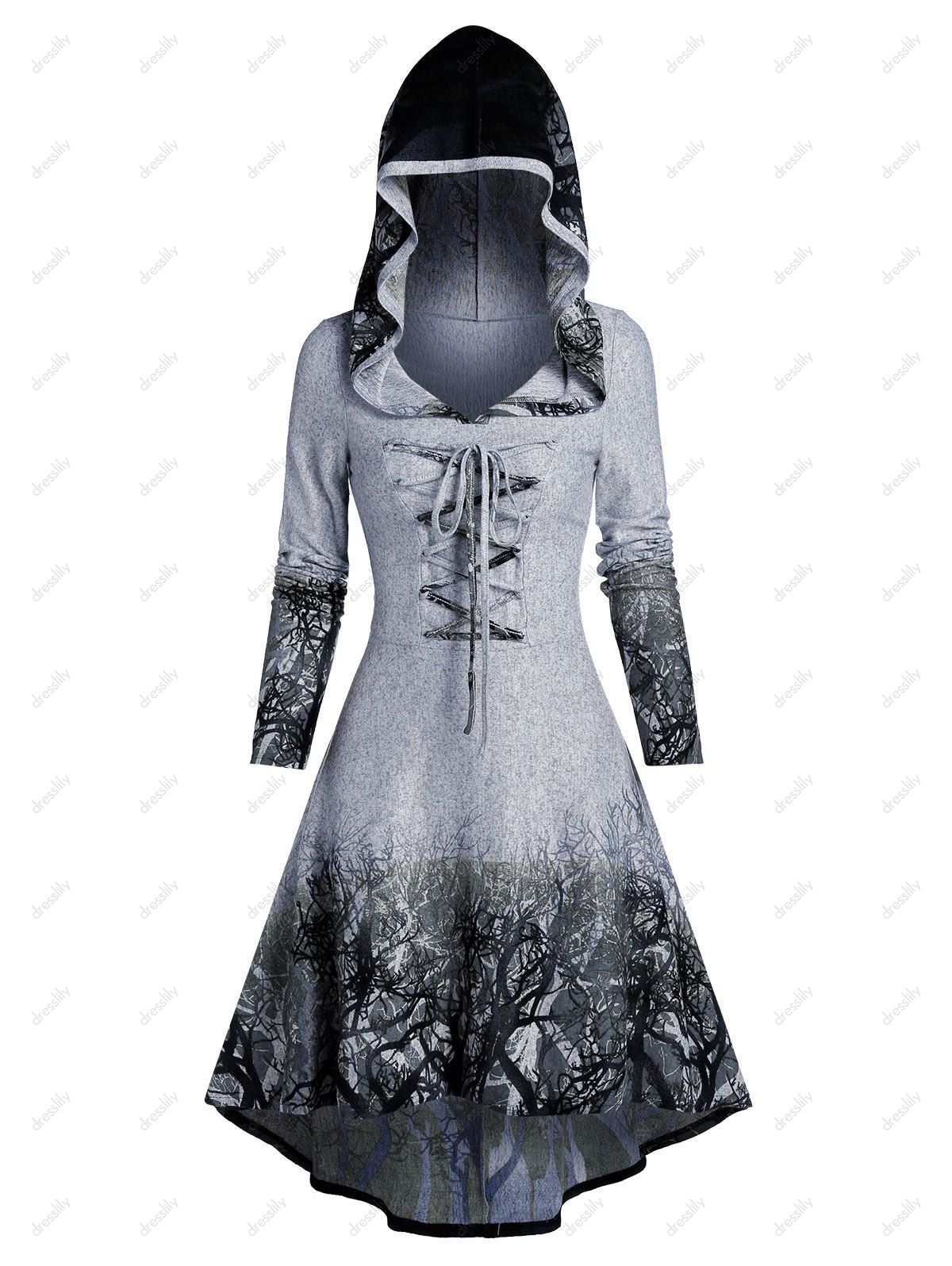 [23% OFF] 2020 Hooded Tree Root Print Lace-up High Low Dress In BLACK ...