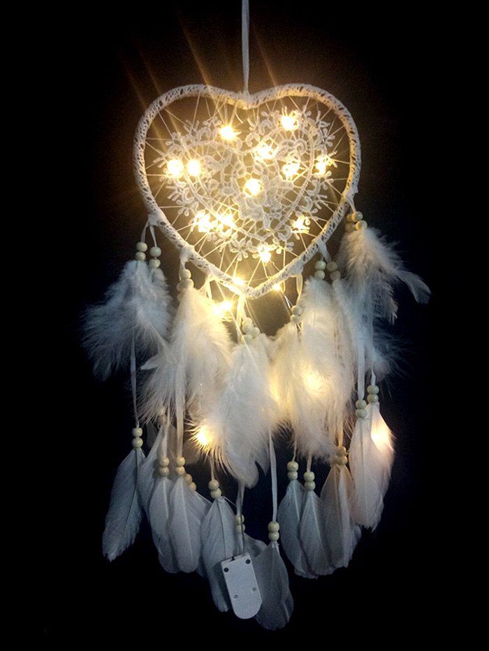 [34% OFF] 2020 Lace Insert Feather LED Light Heart Dream Catcher In ...