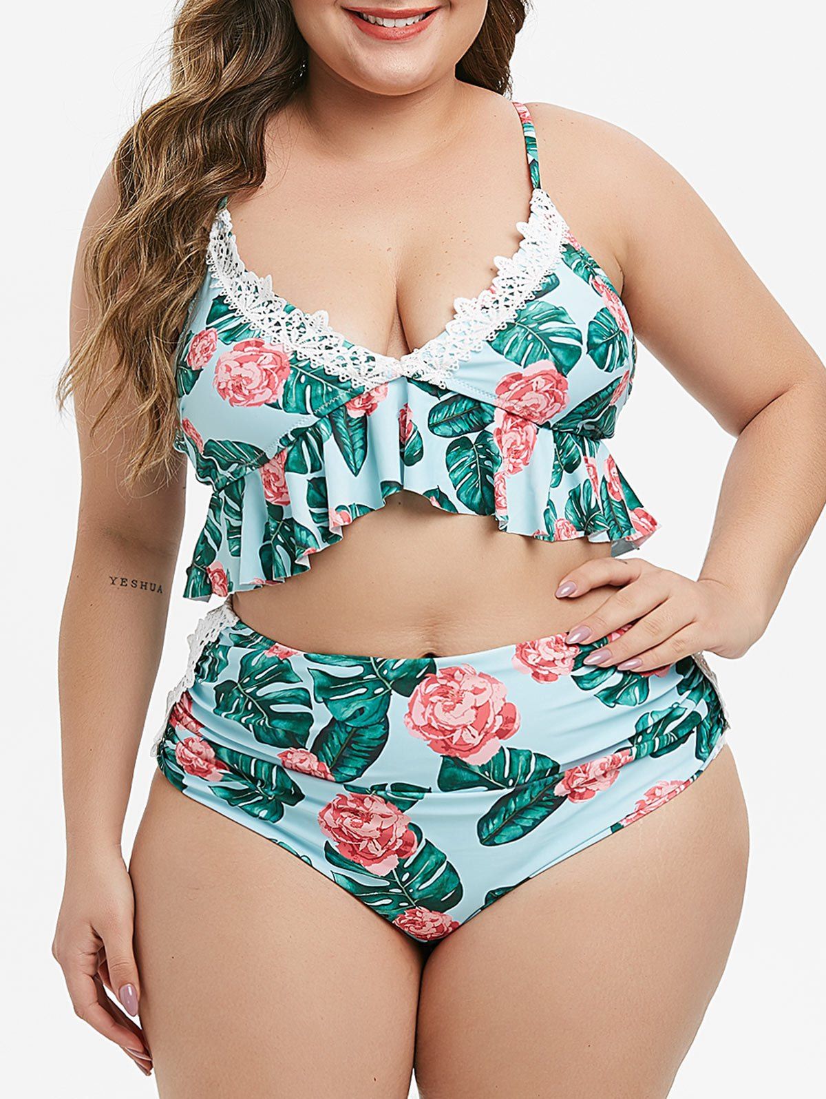  26 OFF 2020 Laced Floral Palm Leaf Ruched Plus Size Bikini Swimsuit In BLUE DressLily