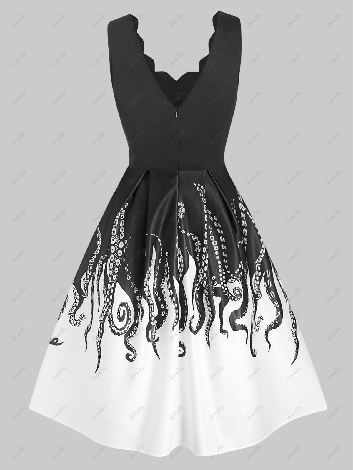 [25% OFF] 2020 Octopus Print Scalloped V Neck Sleeveless Dress In WHITE ...