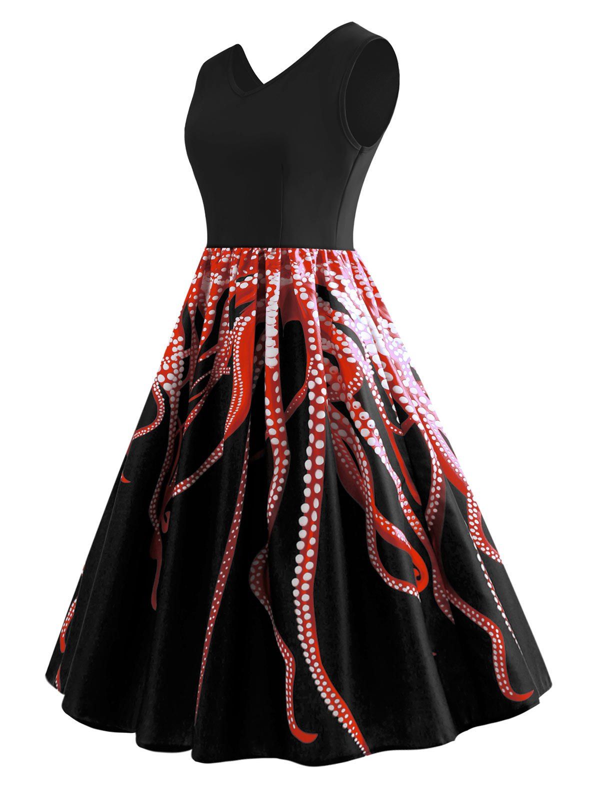 [28% OFF] 2021 Dual V Neck Octopus Print Retro Midi Dress In RED ...