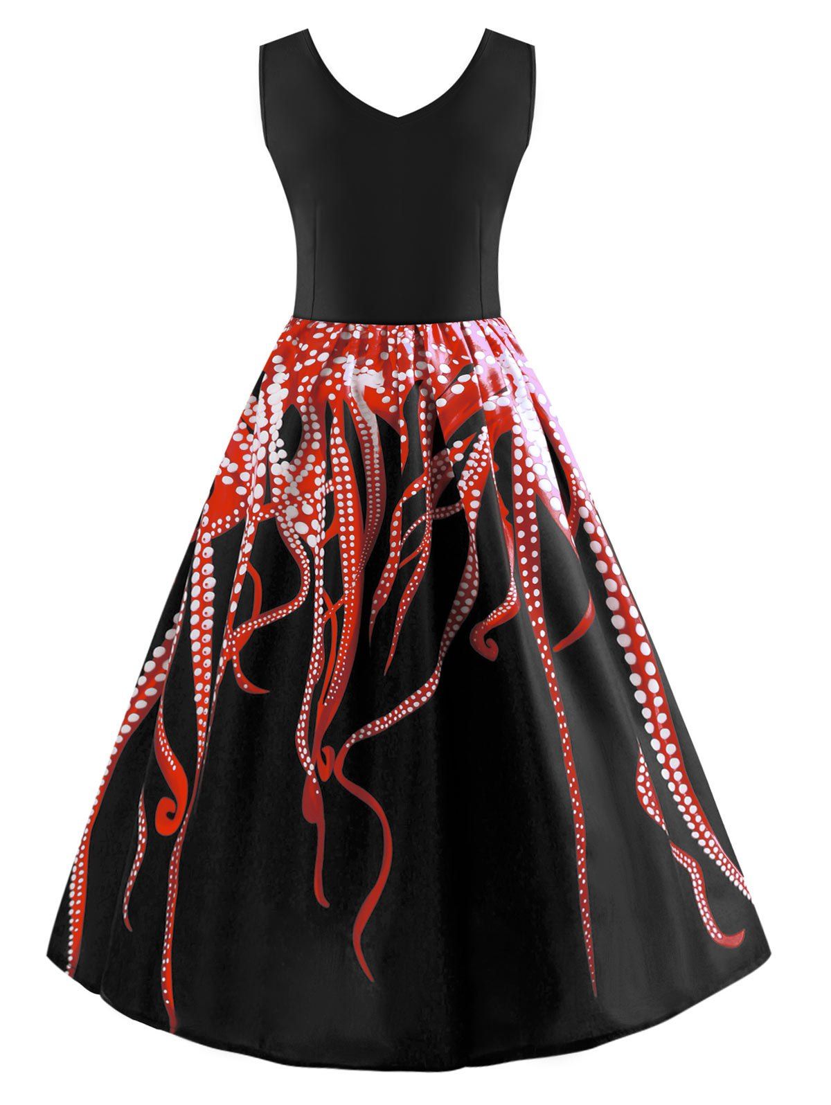 [28% OFF] 2021 Dual V Neck Octopus Print Retro Midi Dress In RED ...